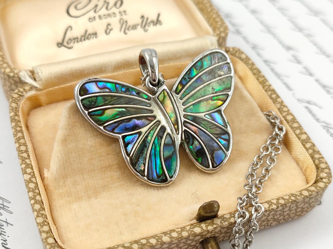 Pretty Paua Abalone Shell Inlay Butterfly Silver Plated Pendent Chain ...