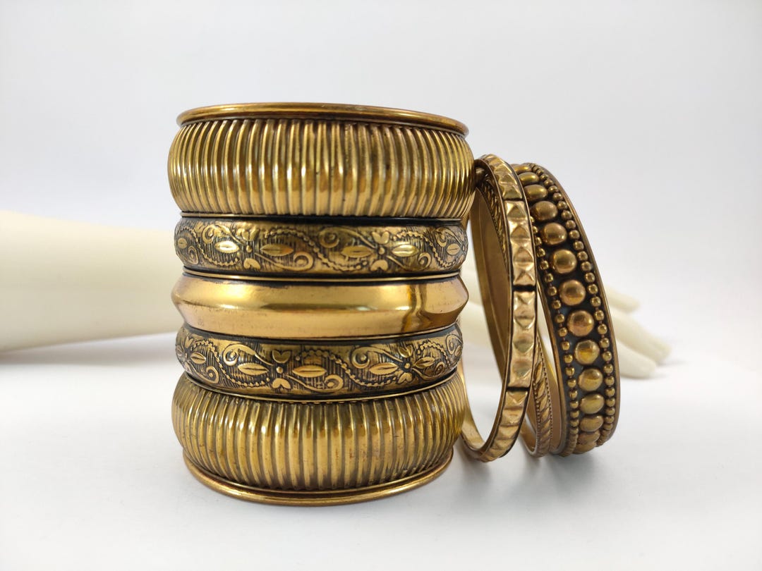 BOHO Big Ornate Deep Cuff and 3 Stacking Bangles WIDE Vintage Brass Tone Cuff and Layering ...