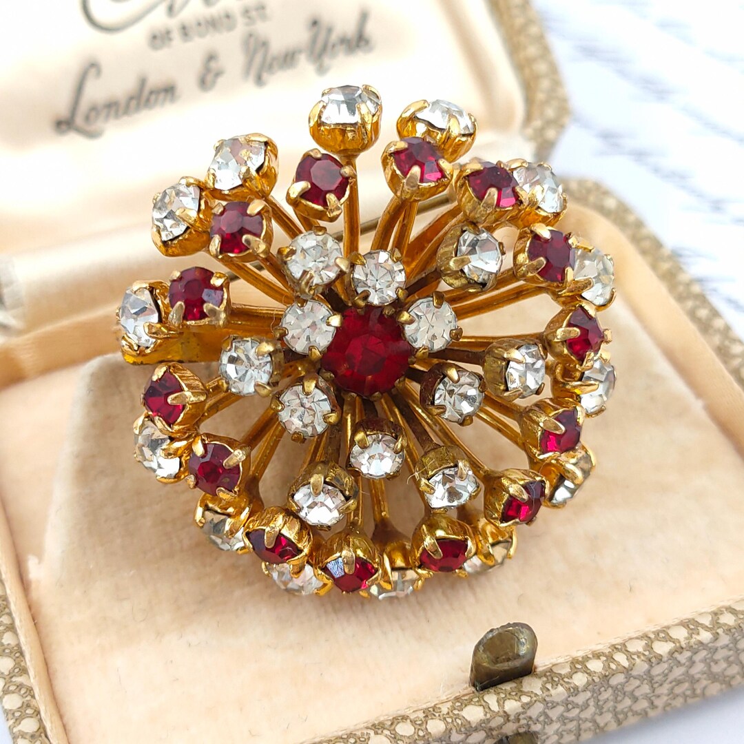 Vintage 1950s Atomic Brooch Pin - Ruby Red and Diamond White Colour Rhinestone Sunburst - 3 ...