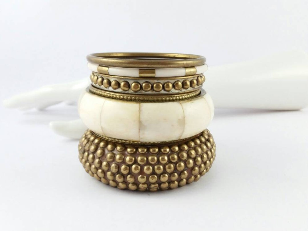 Stacking Bangles - BIG BOHO Bangle Stack - Cream Bovine Bone Inlay ...