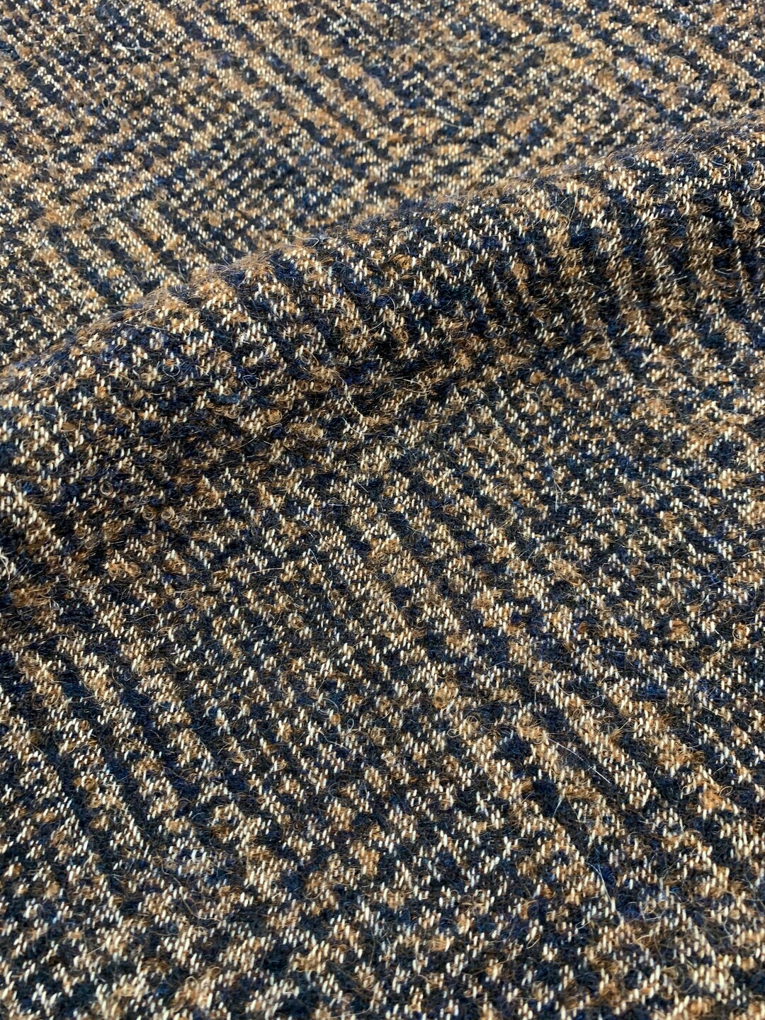 Itallian Wool, Beige Navy Blue Diagonal Check, Fabric for Coat or ...
