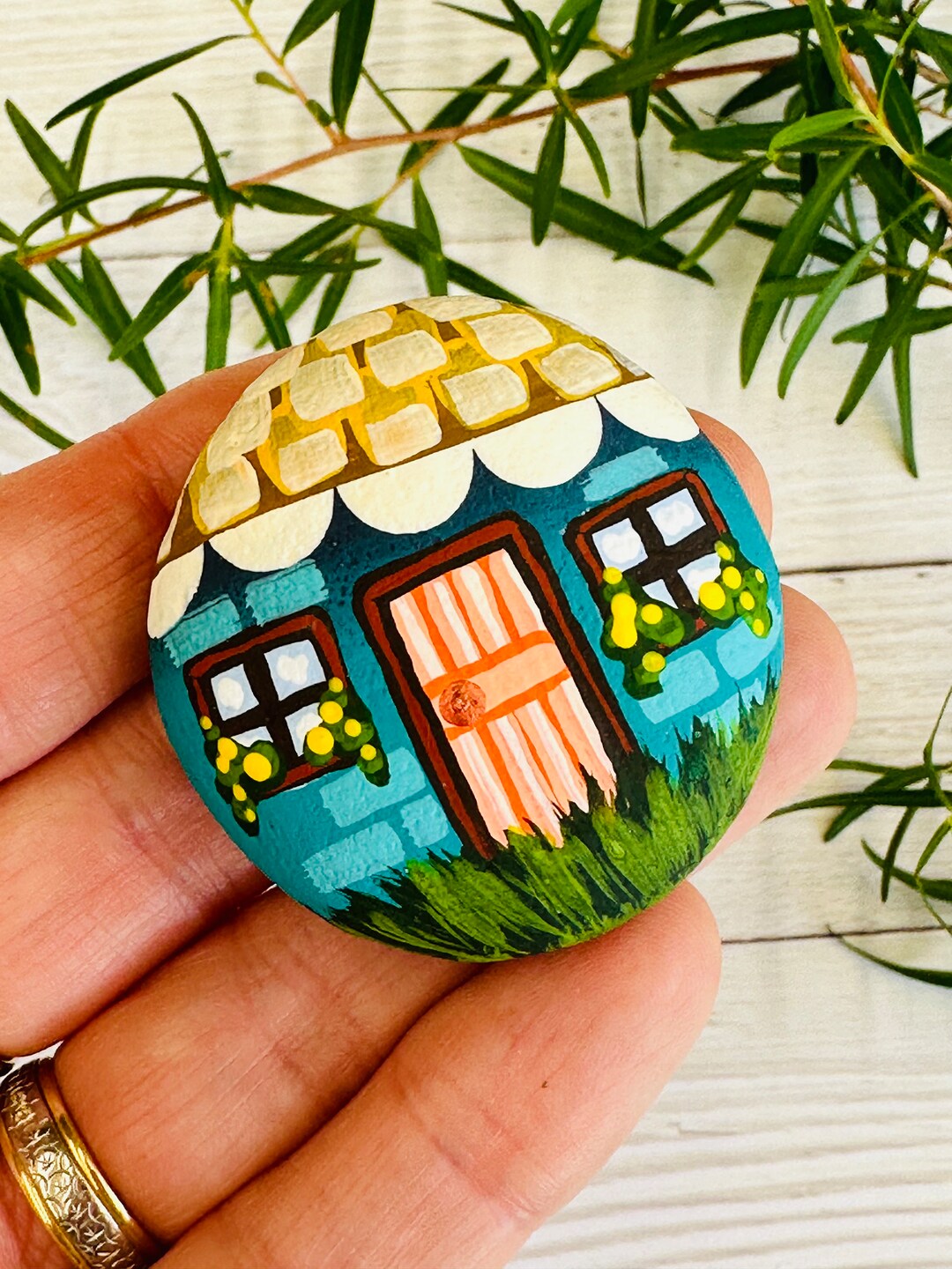 Wonky Cottage Hand Painted Rock Magnet Blue - Etsy