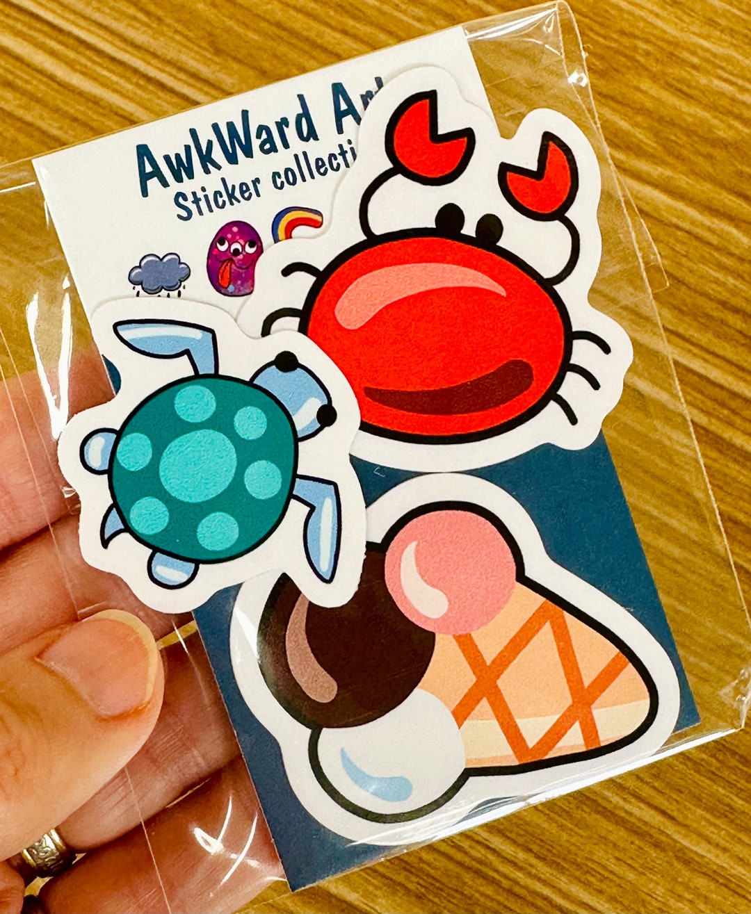 Set of 3 Awkward Art Stickers Crab, Ice Cream, Turtle - Etsy