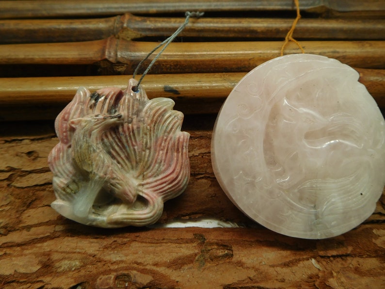 Rhodonite Carved Gumiho. Fox Bead. Natural Stone Carving. Gift for Kid ...