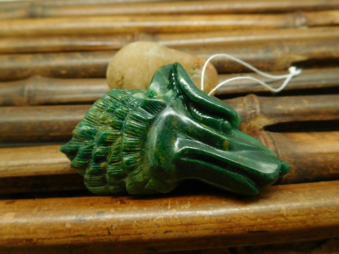 African Jade Carving Wolf Head Bead. Animal Gemstone Jewelry. Green ...
