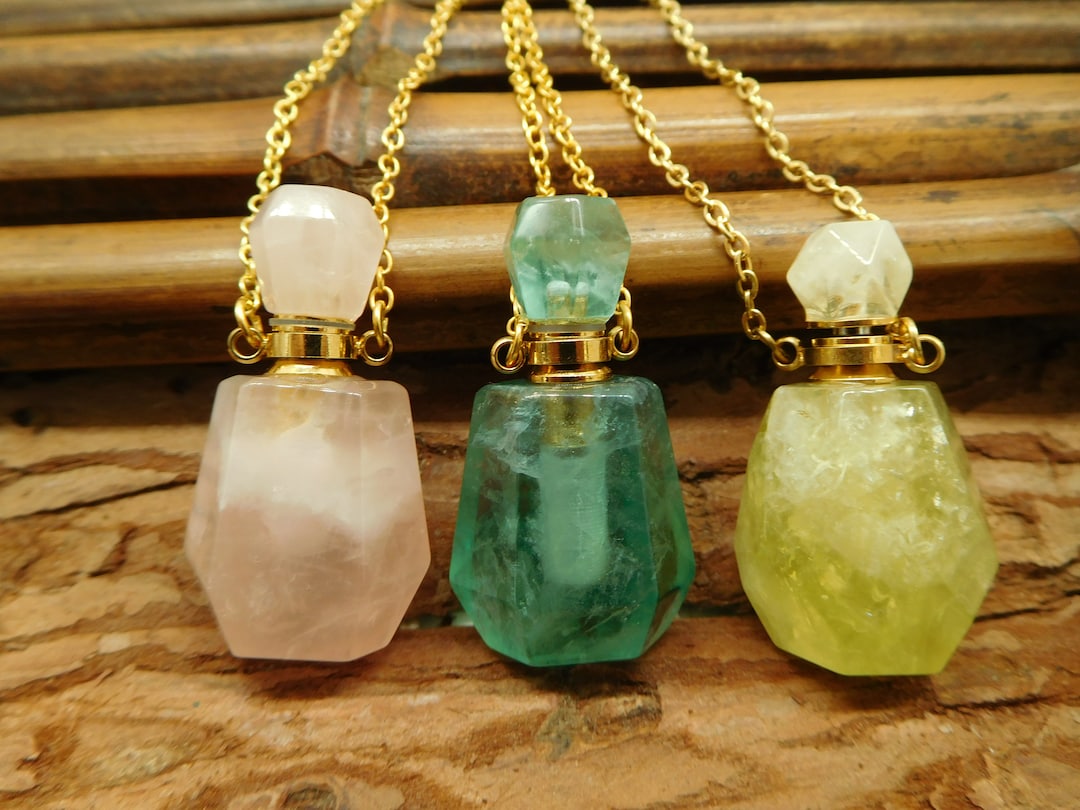 Mini Perfume Necklace. Crystal Carve Perfume Pendant. Fluorite Carve ...
