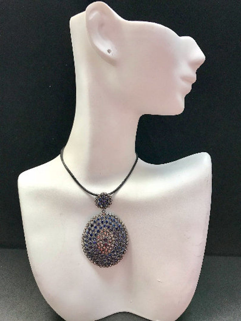 Disc With Sapphire Diamond Pendant .925 Oxidized Sterling - Etsy