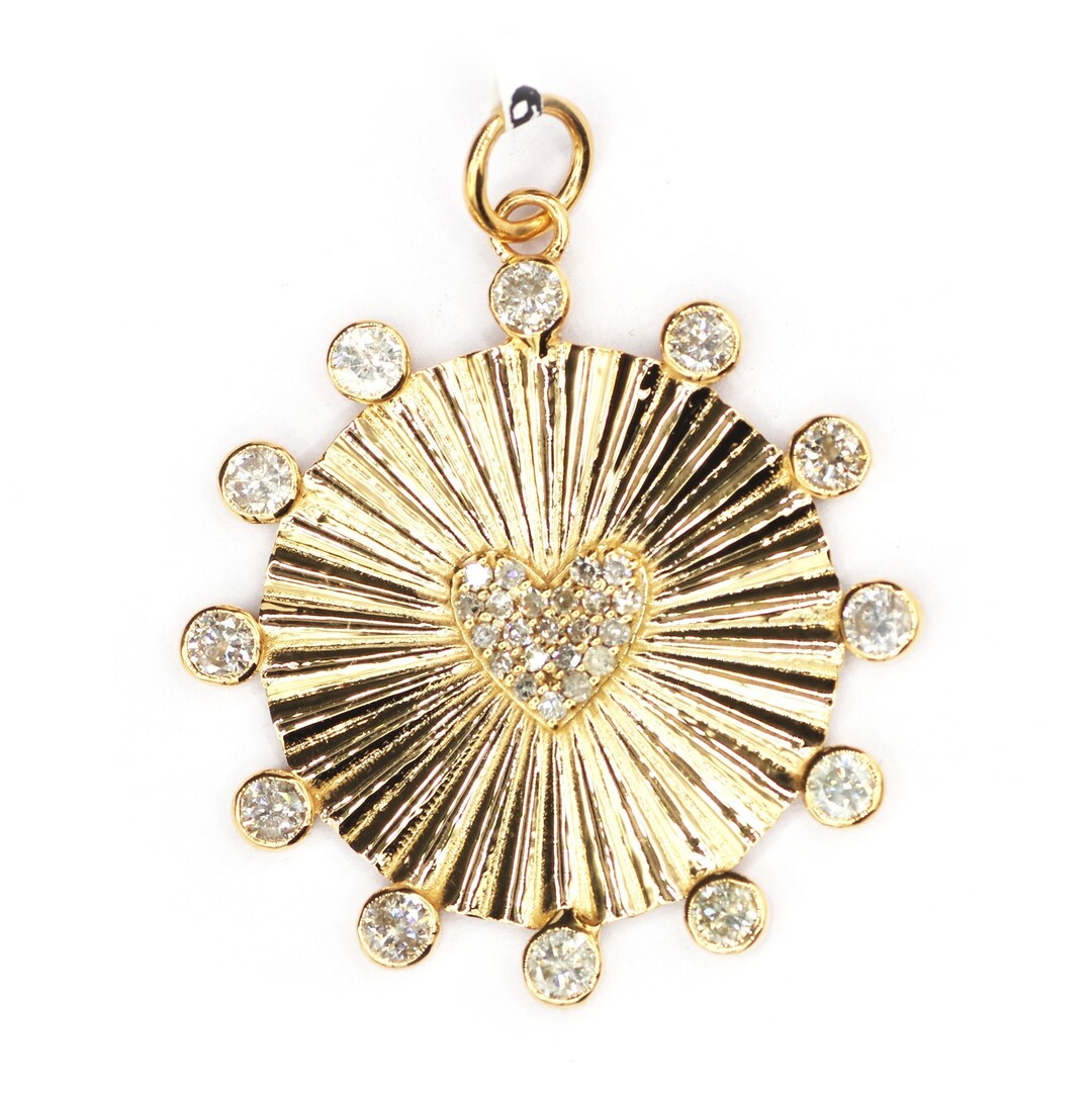 Round Shape 14k Solid Gold Diamond Pendants. Genuine Handmade Pave ...