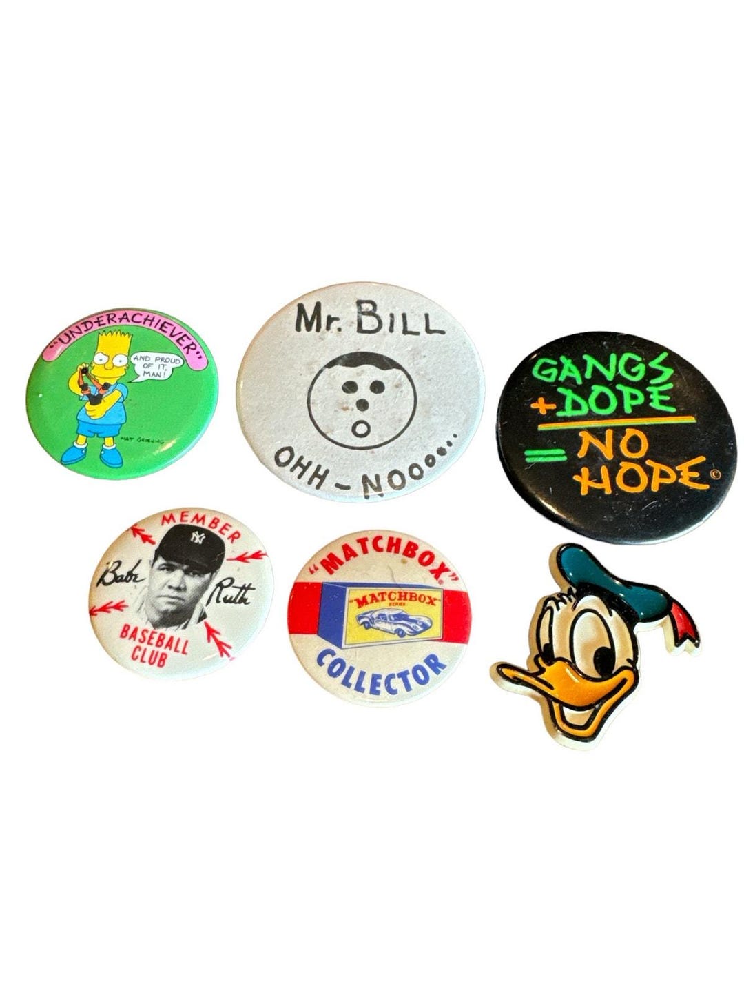 Vintage Buttons Bundle Bart Simpson, Mr. Bill, Babe Ruth, Donald Duck ...