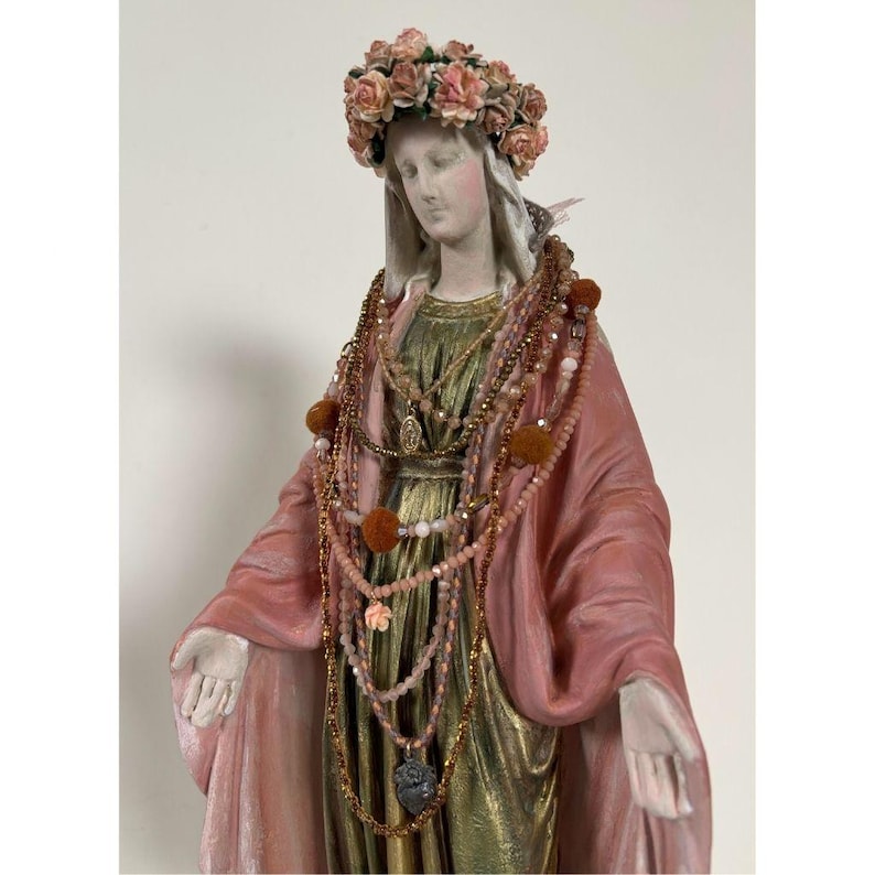 Hand-decorated Virgin Mary Statue | Floral Crown, Rosaries - Etsy