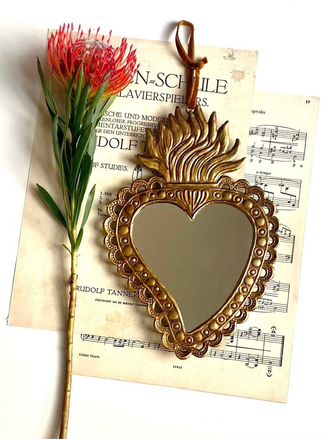 Burning Heart Mirror in Gold-plated Metal Sacred Heart Ex Voto Mirror ...