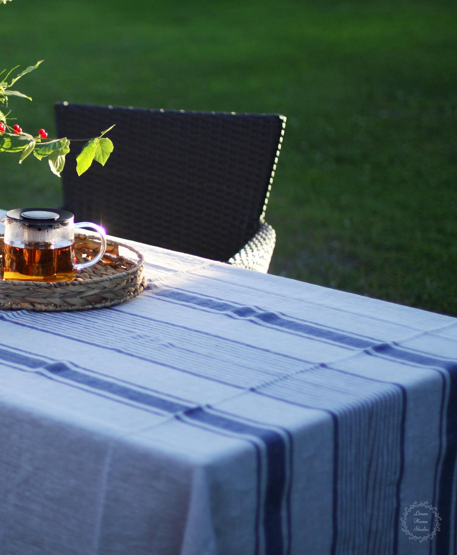Heavy Linen Tablecloth With Umbrella Hole - French Style Striped Washed ...