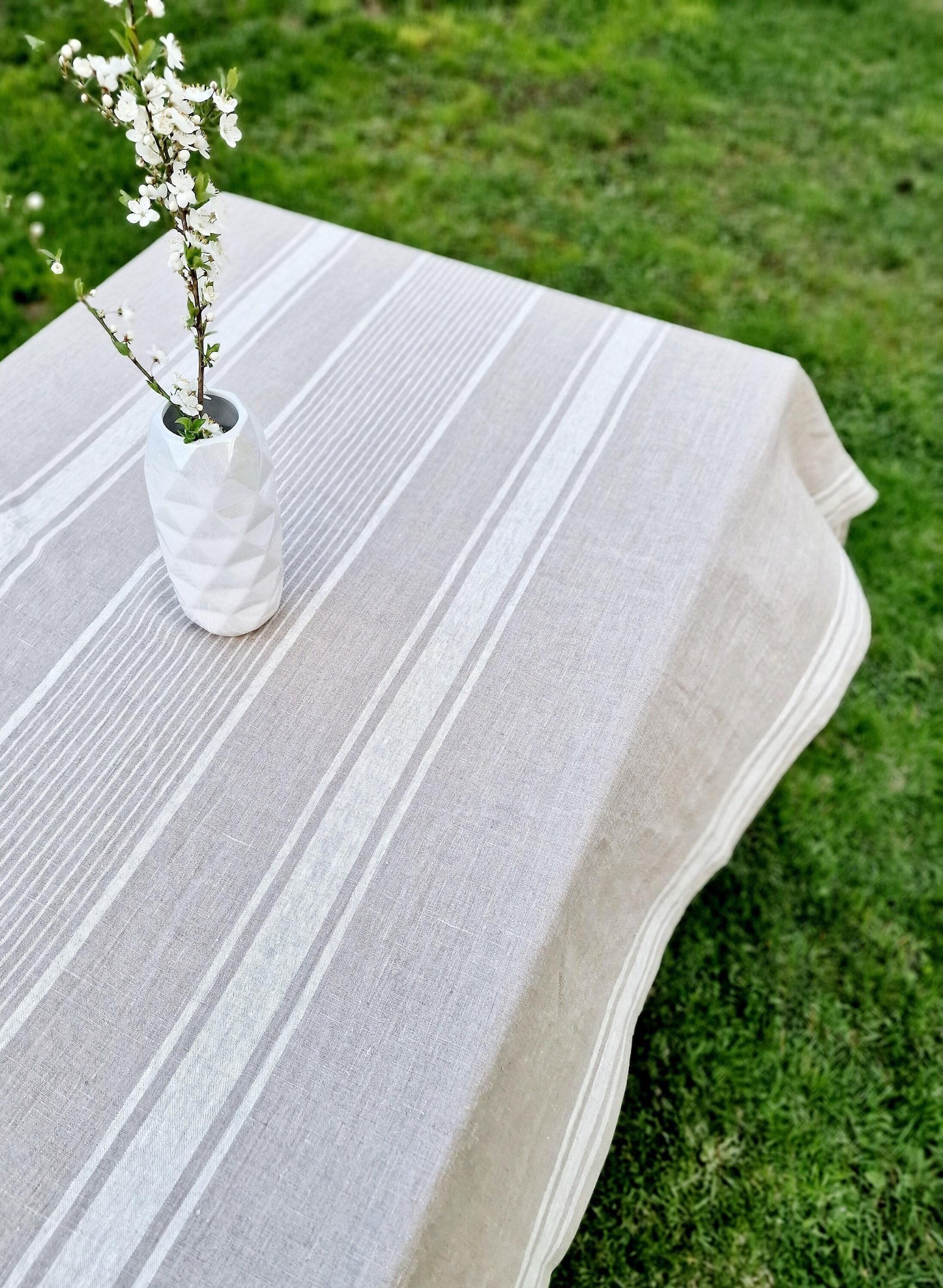 Heavy Linen Tablecloth With Umbrella Hole - French Style Striped Washed ...