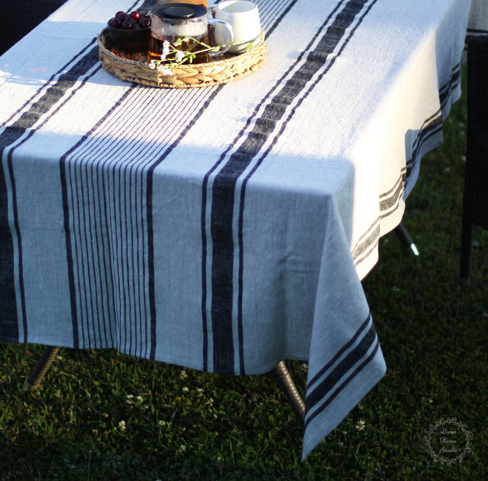 Heavy Linen Tablecloth With Umbrella Hole - French Style Striped Washed ...