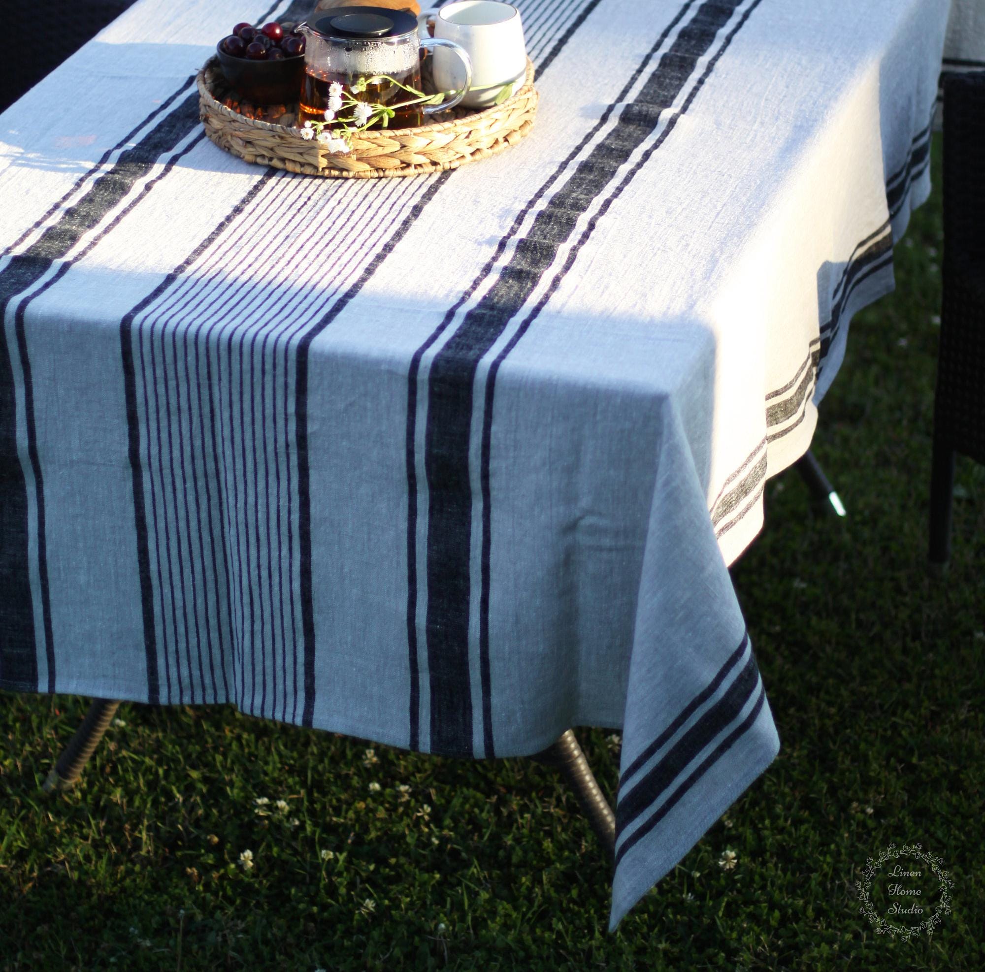 Heavy Linen Tablecloth With Umbrella Hole - French Style Striped Washed ...