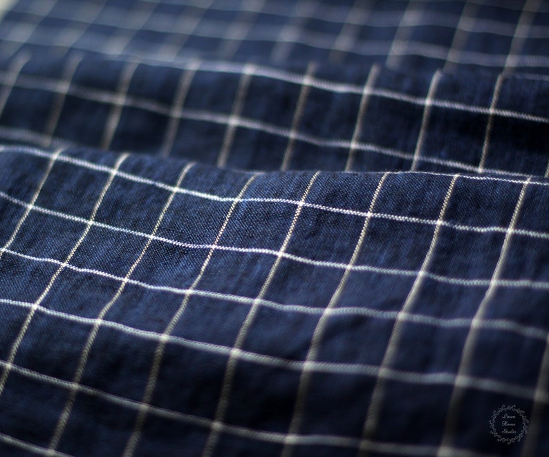 Checkered Linen Fabric - Navy Blue White Melange Stonewashed 100% ...