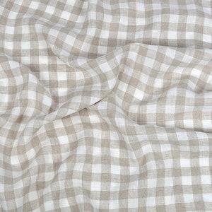 Checkered Linen Fabric - Checked White Beige Natural Stonewashed 100% ...
