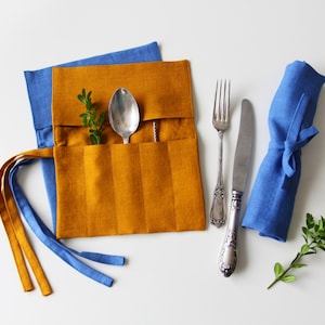 Cutlery Roll - Linen Utensil Case for Travel Picnic or Outdoor Lunch ...