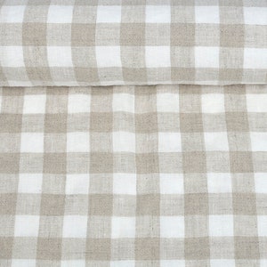 Checkered Linen Fabric - Checked White Beige Natural Stonewashed 100% ...