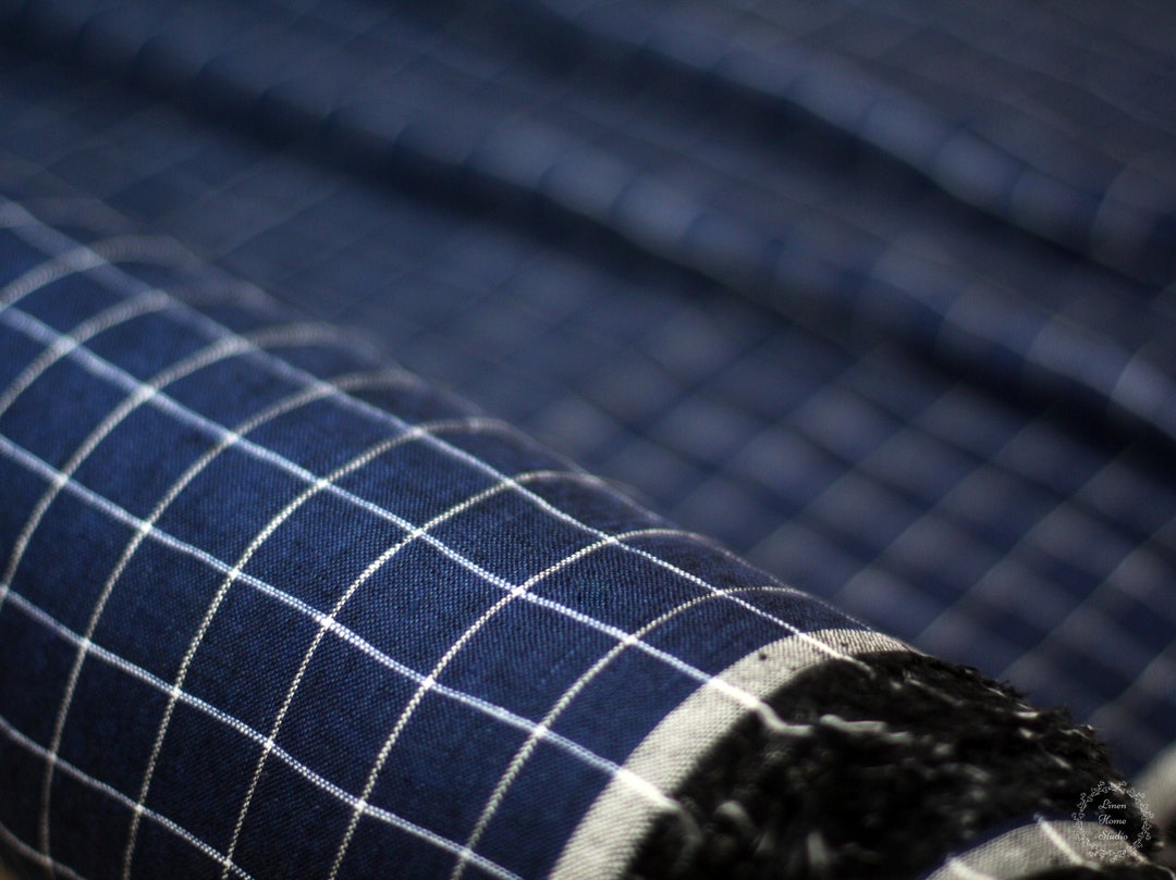 Checkered Linen Fabric - Navy Blue White Melange Stonewashed 100% ...