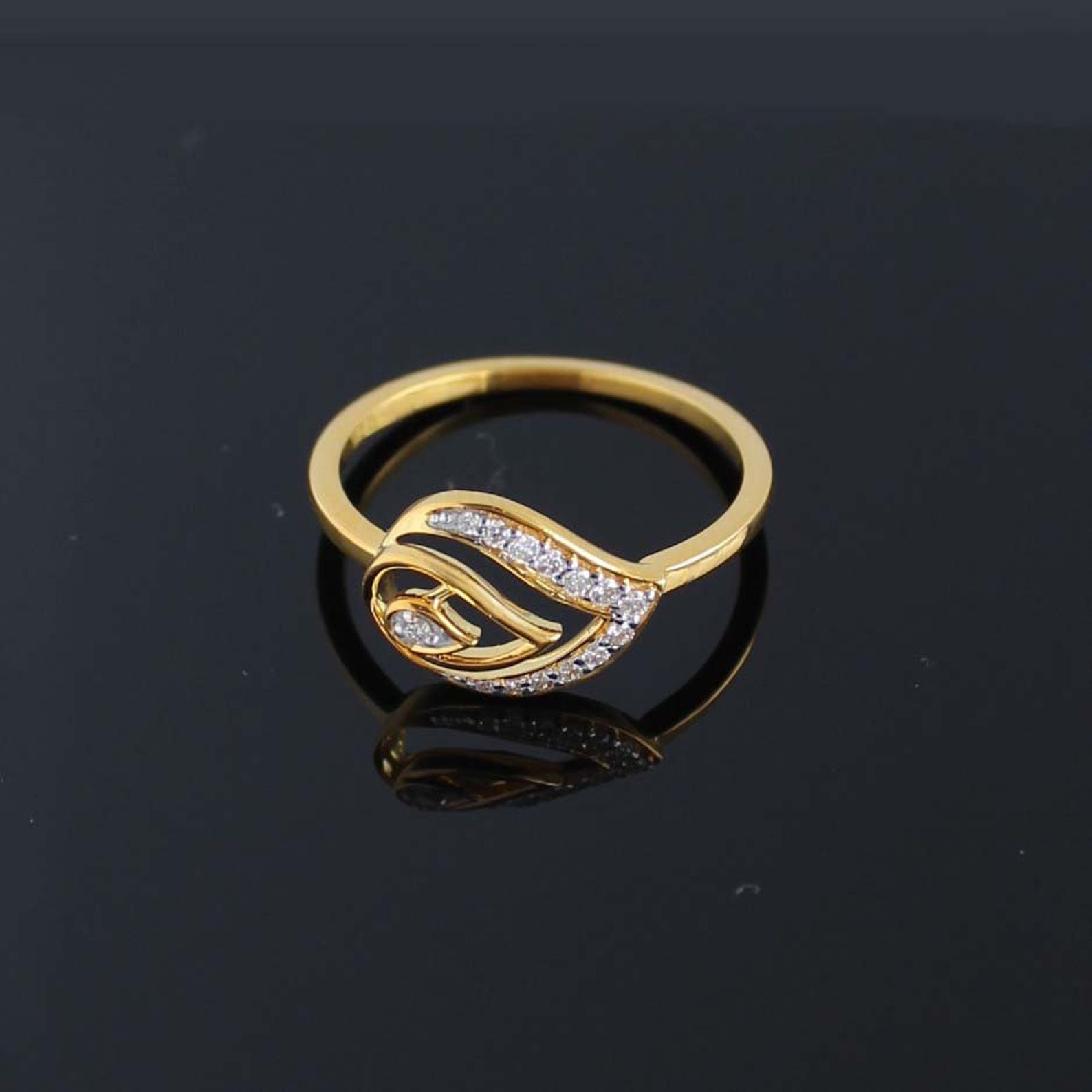 Gold Diamond Leaf Ring - Leaf Shape Diamond Ring - Nature Inspired Ring ...