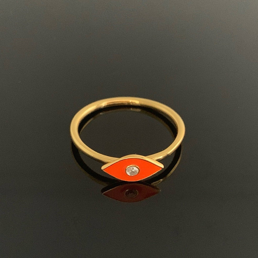 Gold Orange Enamel Ring Enamel Evil Eye Ring Gold Diamond Ring ...
