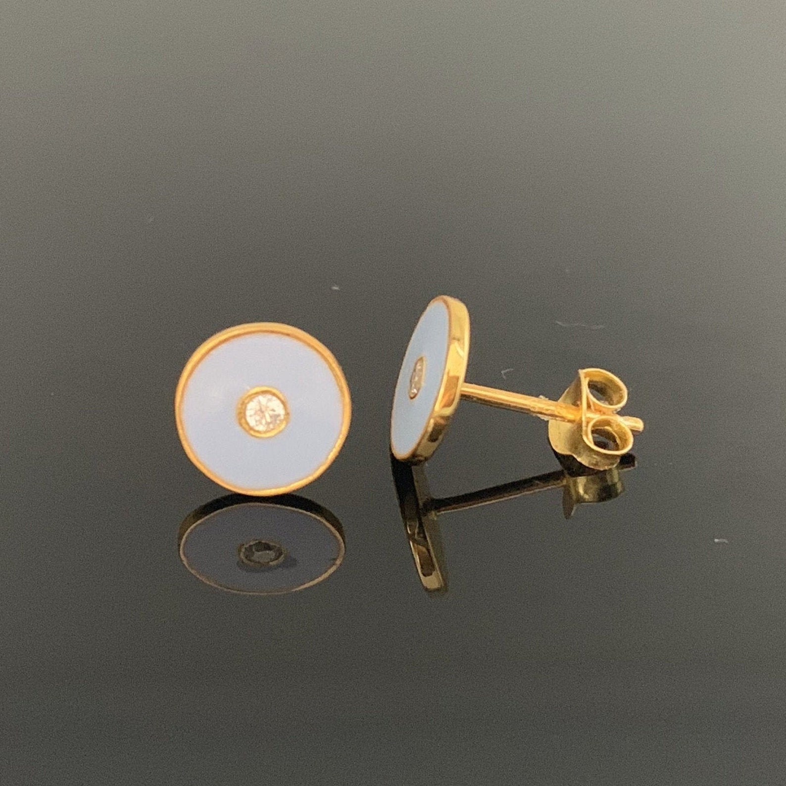 Light Blue Enamel Diamond Studs Gold Enamel Studs Round - Etsy