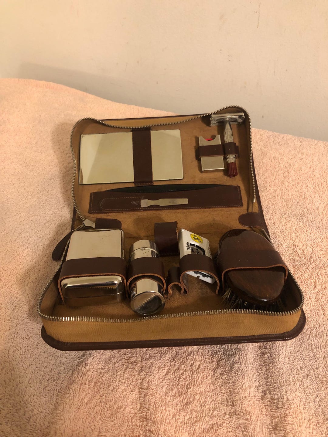 Vintage Men’s Travel Grooming Kit Leather Case Chrome Plate Pieces - Etsy