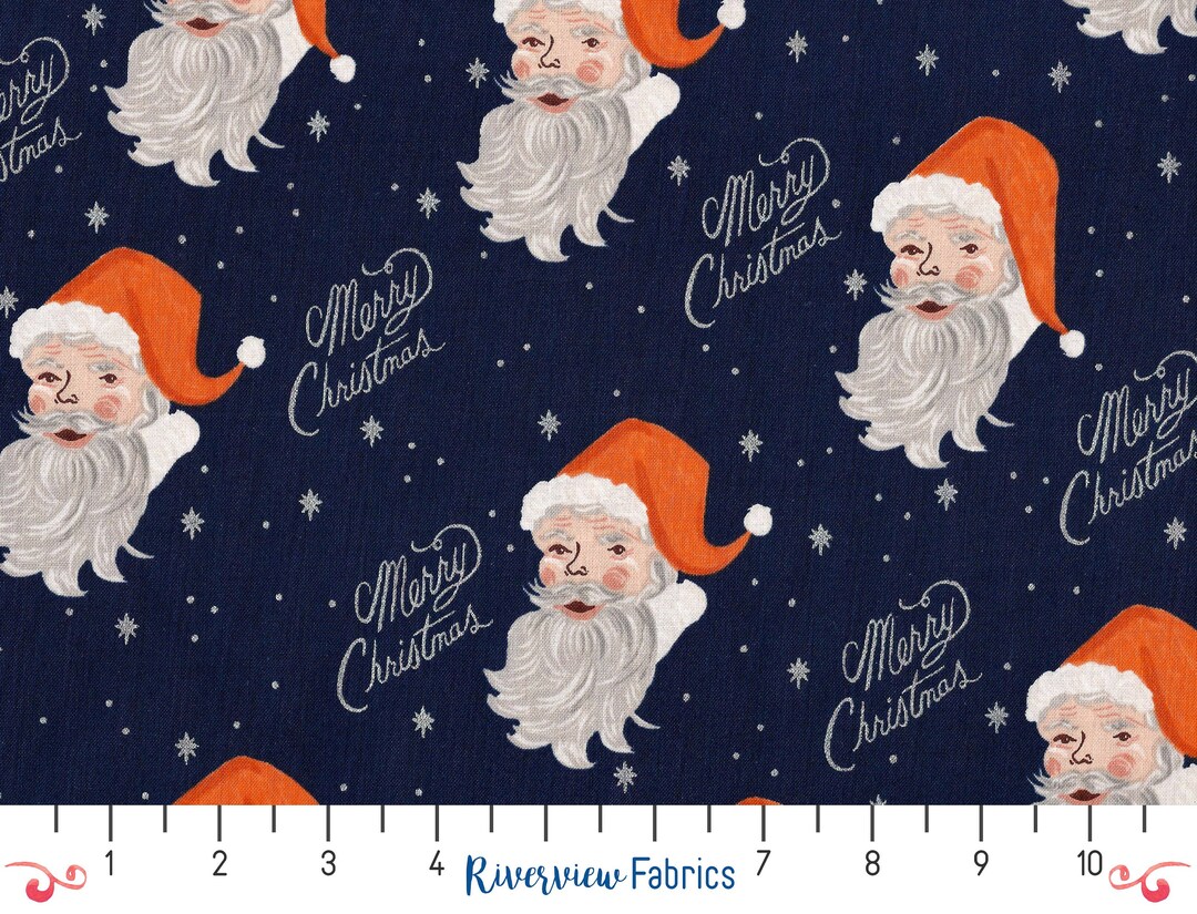 Santa Clause Fabric by the Yard, Navy Blue, Metallic, Rifle Paper Co ...