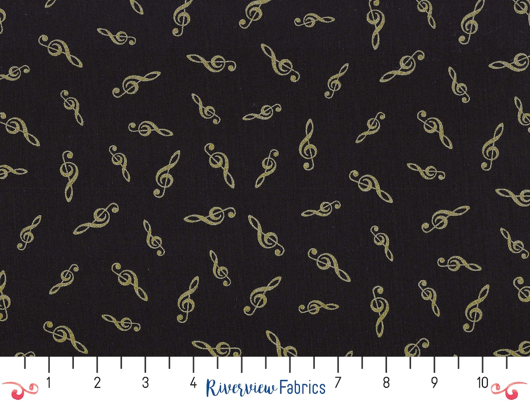 Treble Clef Fabric - Black and Gold, Music Fabric, Quilting Cotton ...