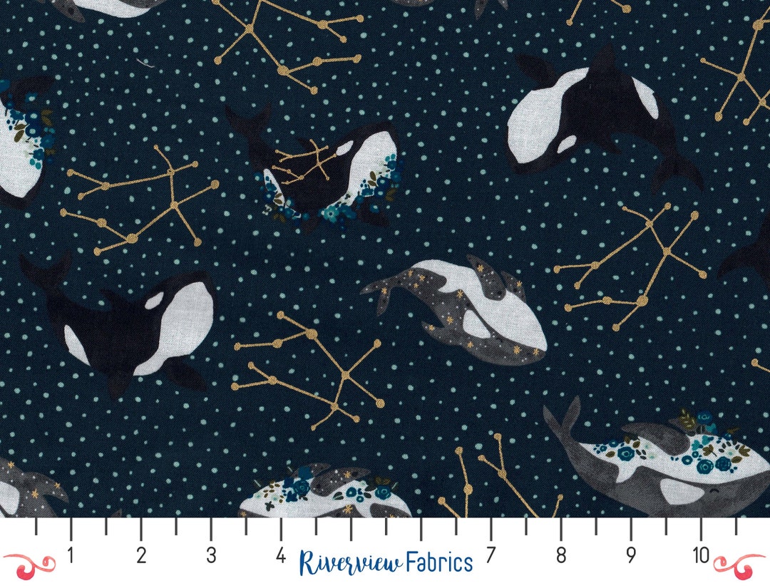 Orca Fabric by the Yard, Navy Blue/metallic Gold, Cosmic Sea Collection ...