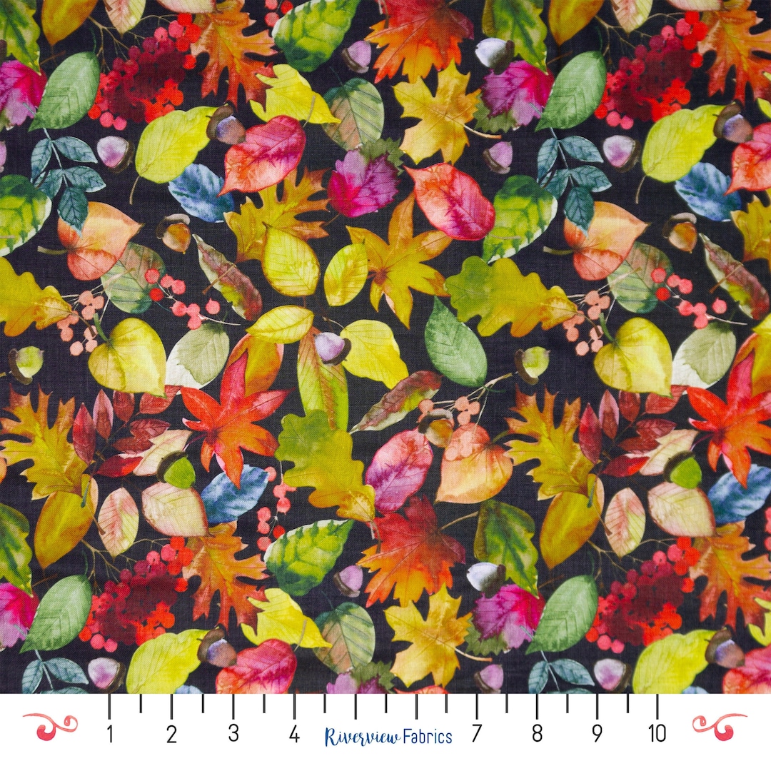 Colorful Leaves Fabric by the Yard, Black, Gather Together Collection ...