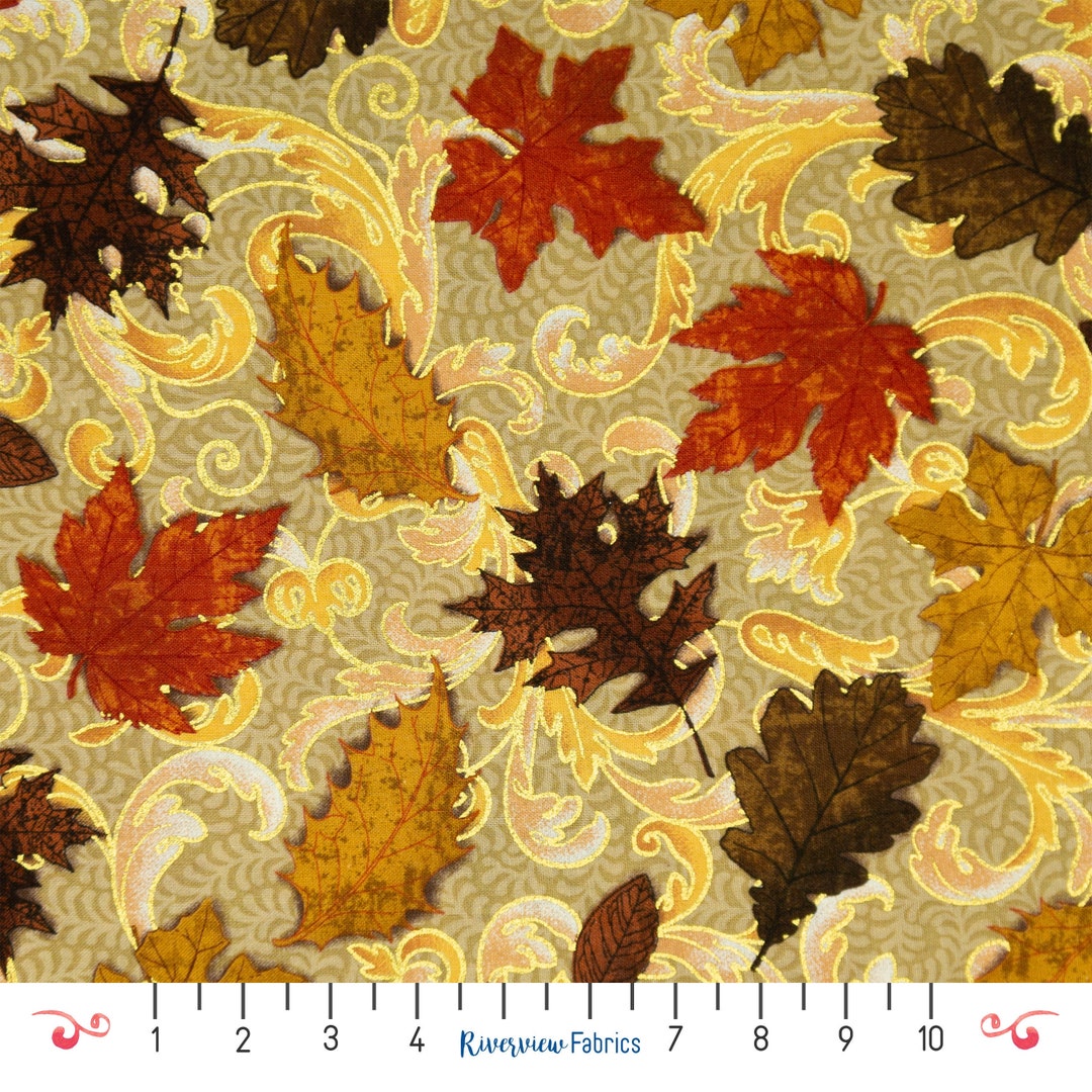 Fall Leaves Fabric by the Yard, Metallic Gold, David Textiles 100% ...
