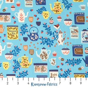 Coffee & Tea Fabric by the Yard, Teapots, Teacups, Cupcake, Strawberry ...