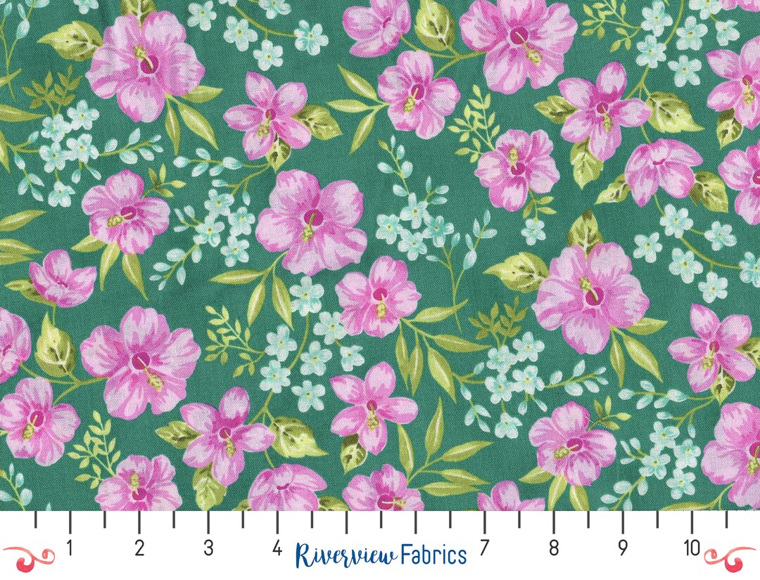 Hibiscus Fabric by the Yard, Green/pink, Beach Bash Collection, RJR ...