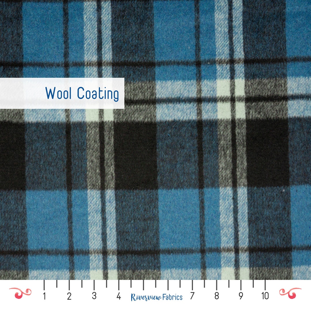 Wool Coating Fabric by the Yard, Plaid Wool and Polyester Blend, Blue ...