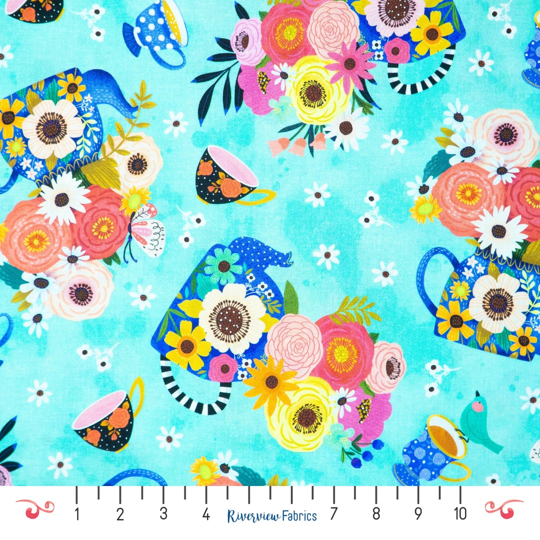 Teapot Fabric by the Yard, Teal, Springtime Tea Collection, P&B Textile ...