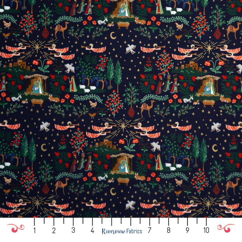 Nativity Scene Fabric by the Yard, Navy Blue, Metallic, Rifle Paper Co ...