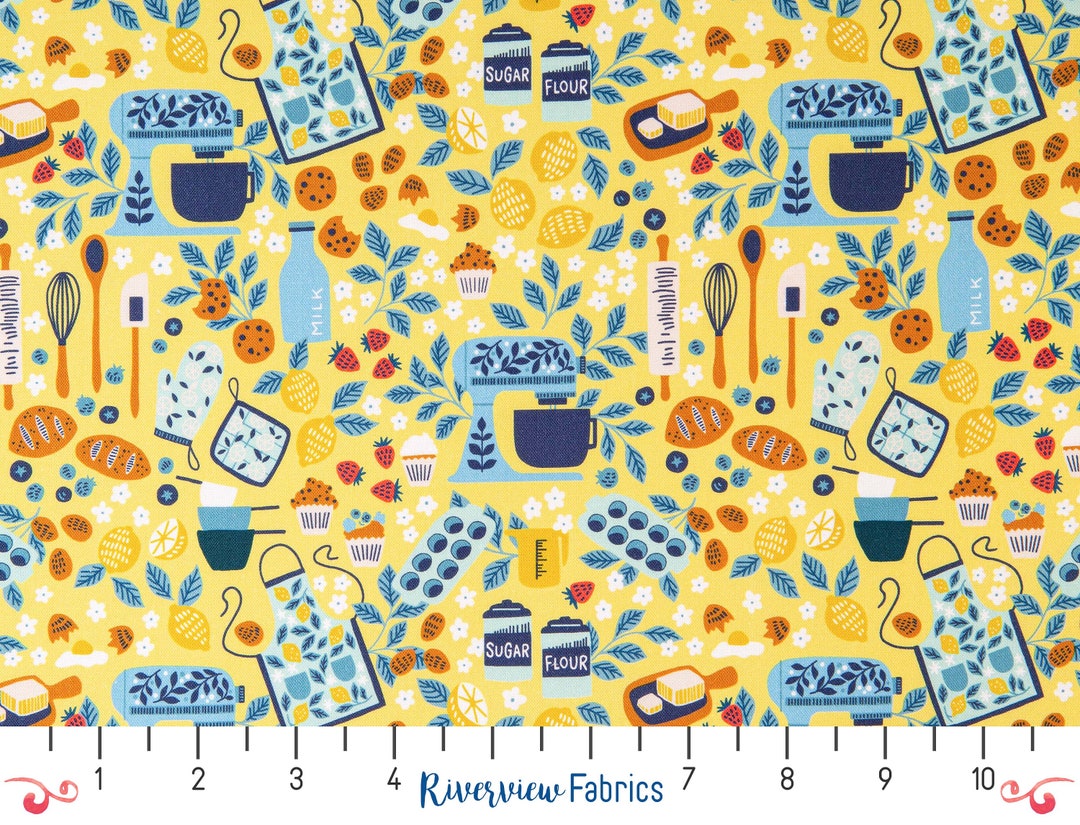 Baking Fabric by the Yard, Yellow/blue, Baker Tools and Ingredients ...