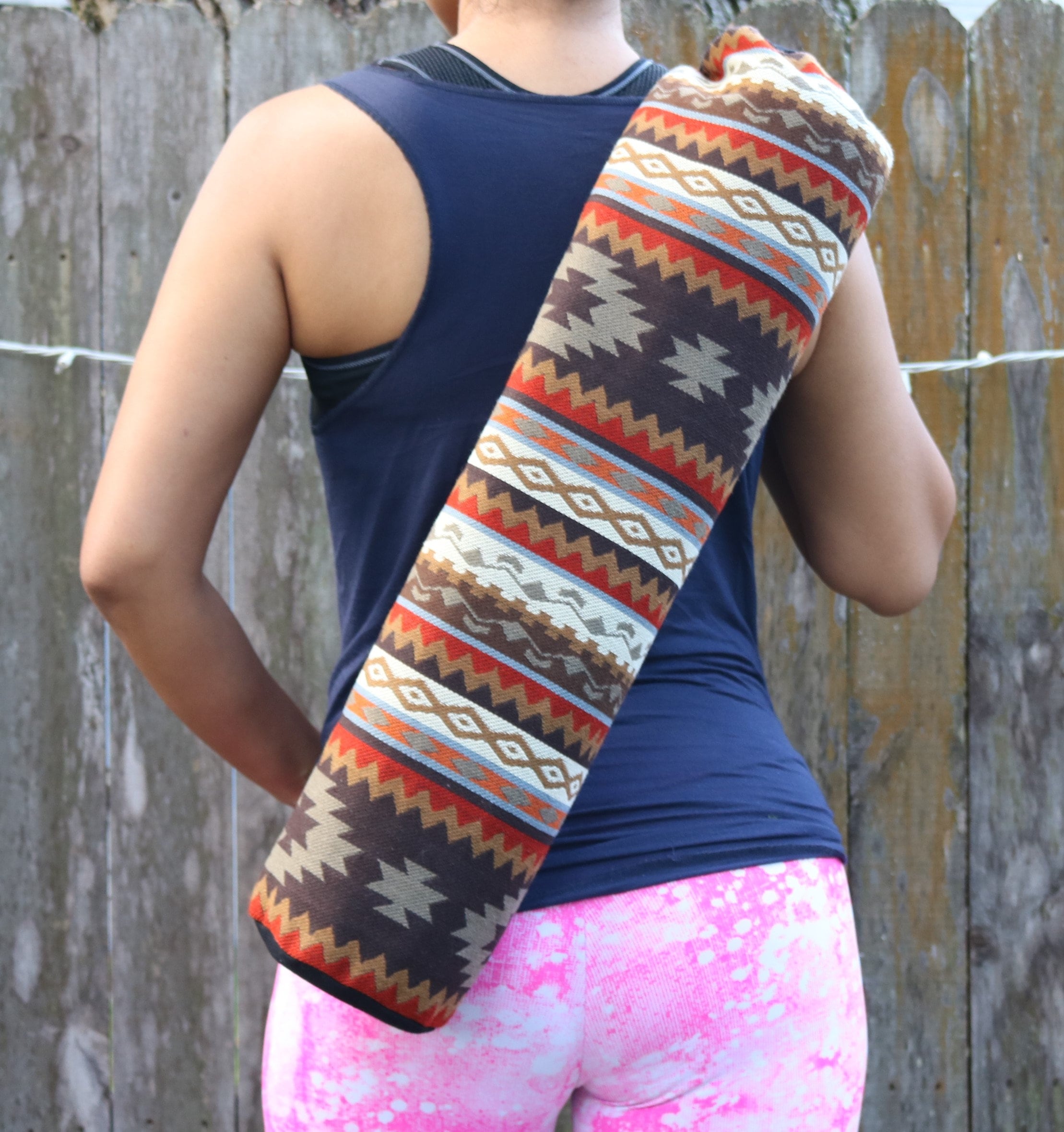 Yoga Mat Bag Brown Shoulder Crossbody Handmade Inca Tribal Pattern Boho ...