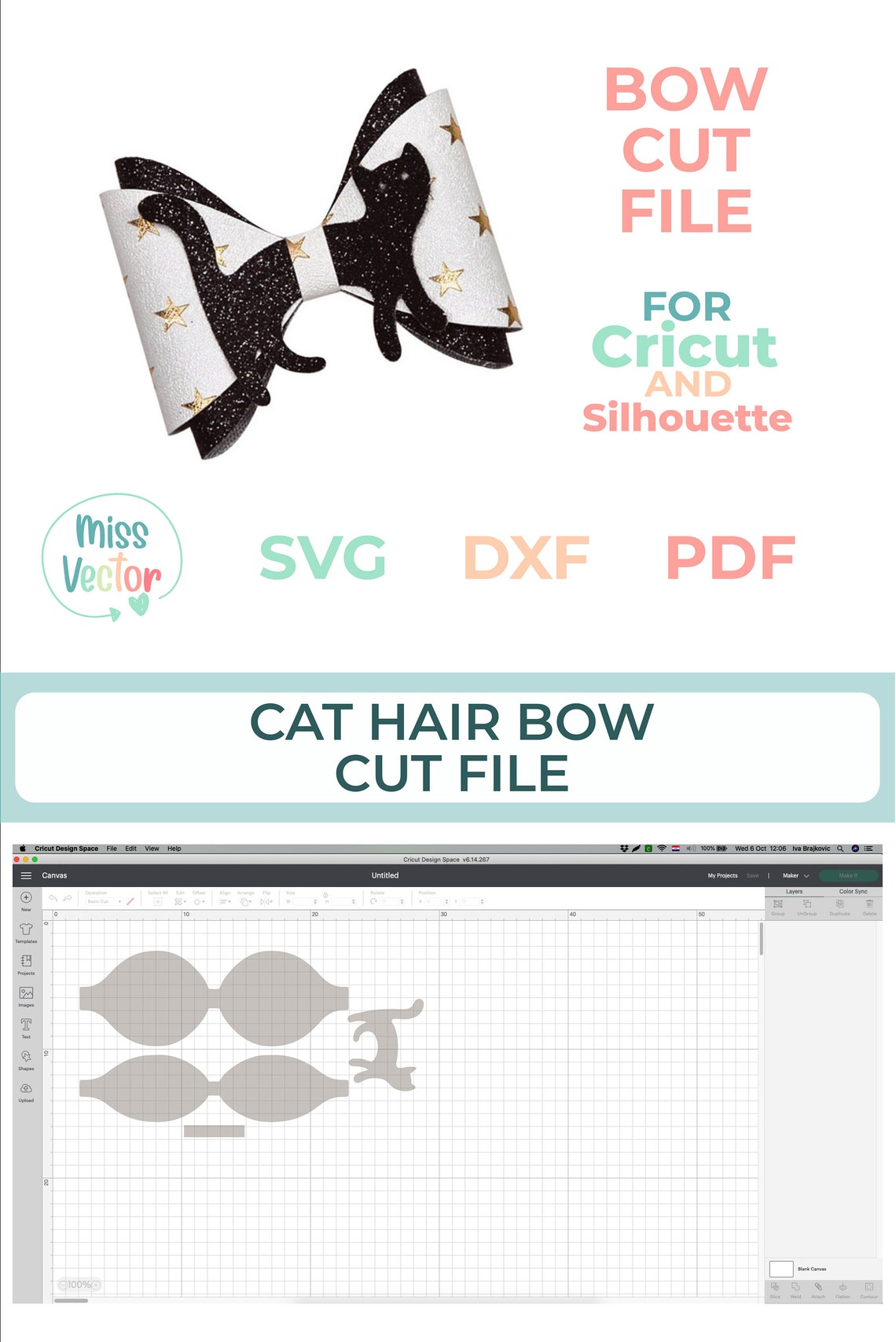 Cute Cat Bow Template SVG, Bow SVG, Bow Template, Hair Bow Template ...
