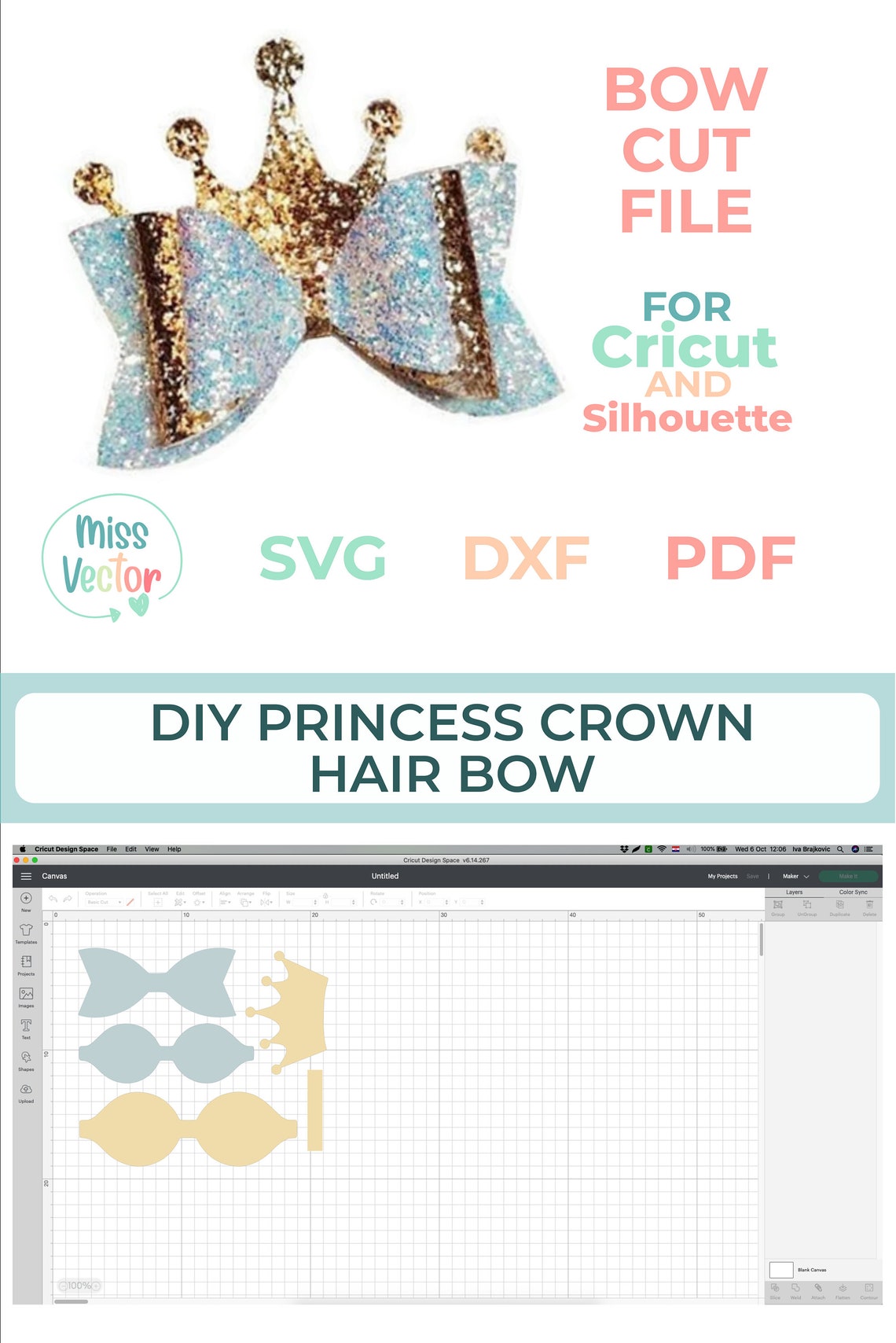 Crown Bow Template SVG, Bow SVG, Bow Template, Hair Bow Template ...