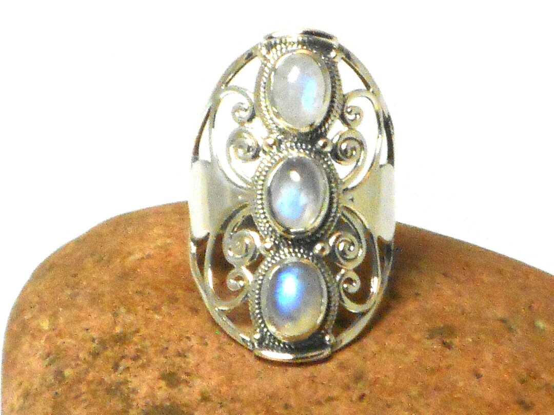 Large Fiery Oval Moonstone Sterling Silver 925 Gemstone Statement Ring ...