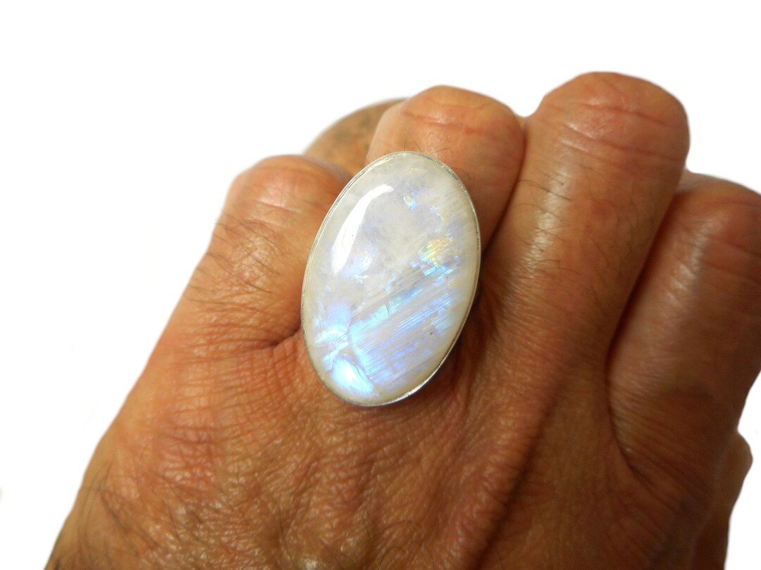 Adjustable Large Fiery Oval Moonstone Sterling Silver 925 Gemstone Ring ...