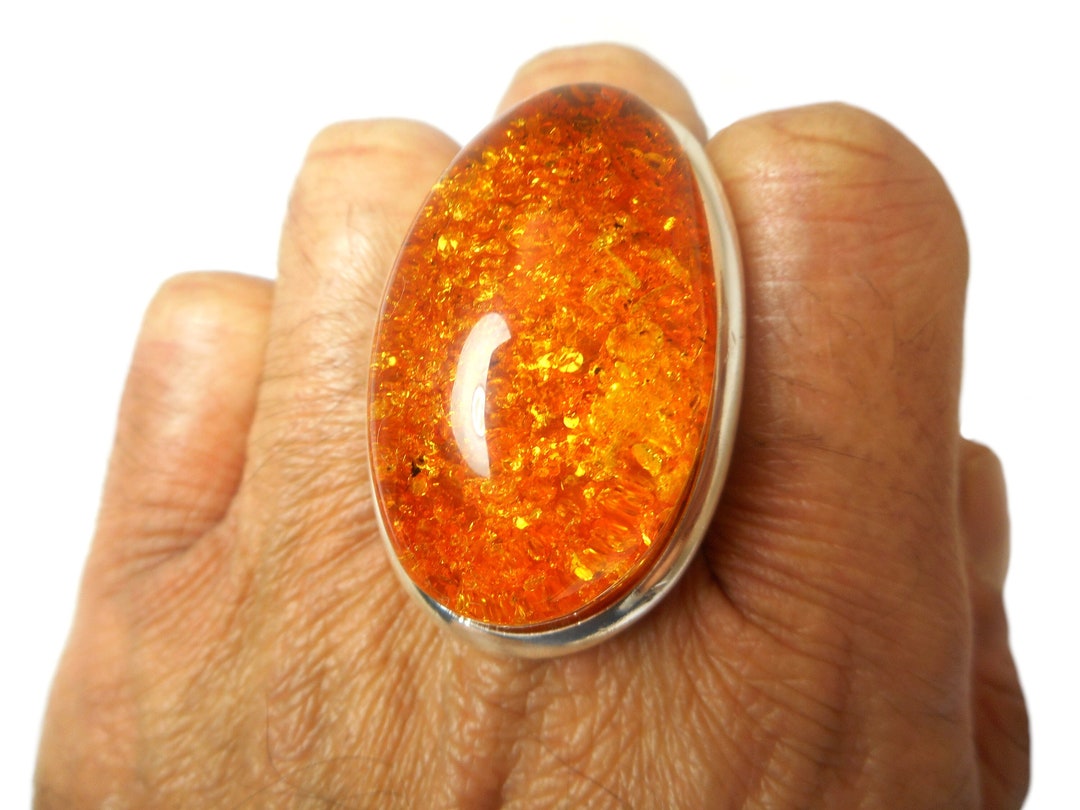 Large Chunky Cognac AMBER Sterling Silver Gemstone 925 Statement Ring ...