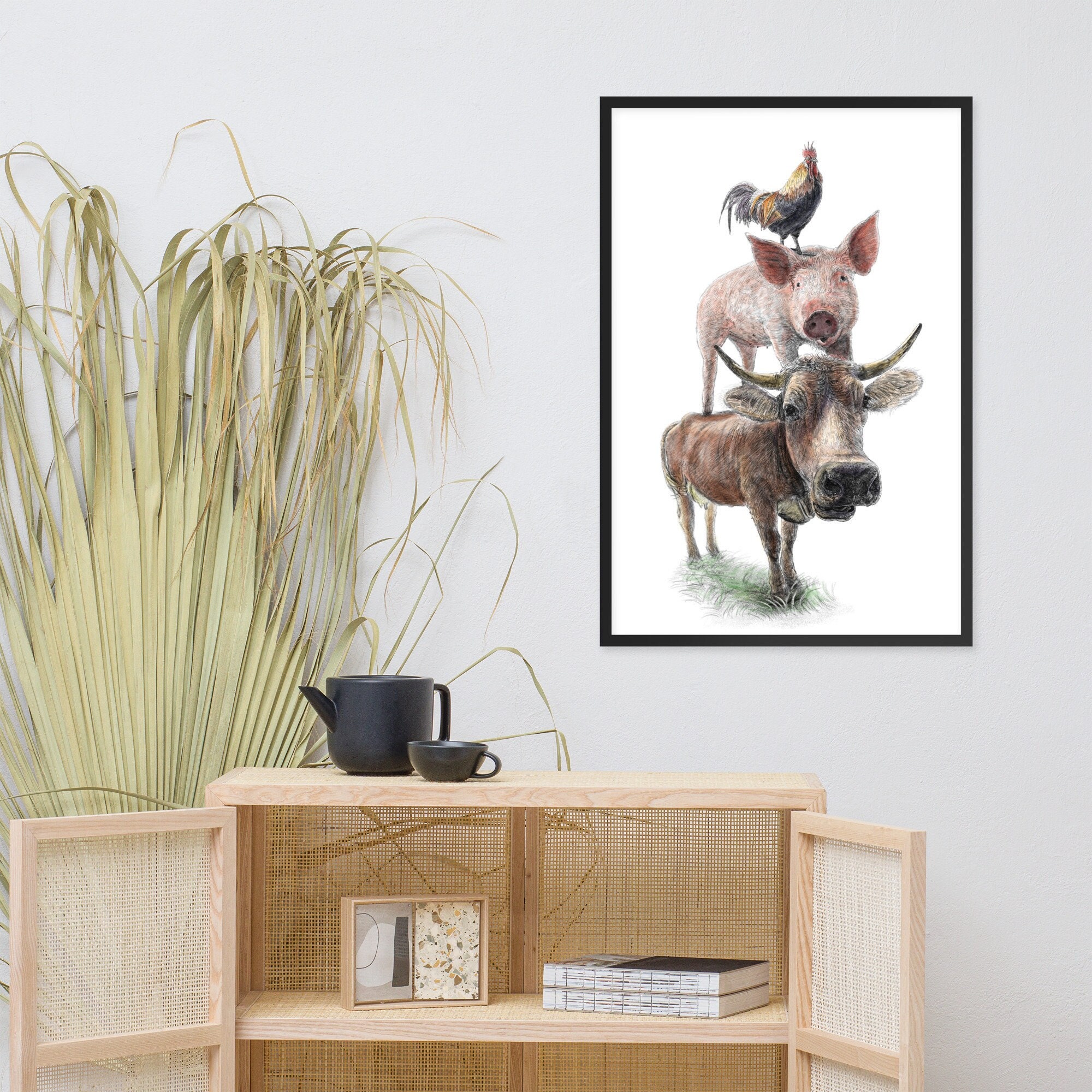 Cow Pig Chicken PNG Art Cow Pig Rooster Boho Wall Art - Etsy