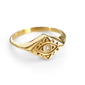 18K 14K 9K Evil Eye Signet Ring, Diamond Evil Eye Signet Ring, Evil Eye ...