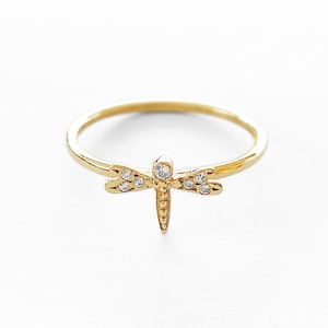 14K 9K Dragonfly Diamond Ring, Dainty Dragonfly Ring, Libellule Insect ...