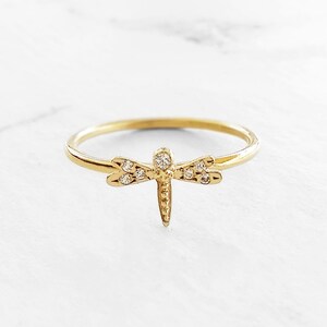 14K 9K Dragonfly Diamond Ring, Dainty Dragonfly Ring, Libellule Insect ...