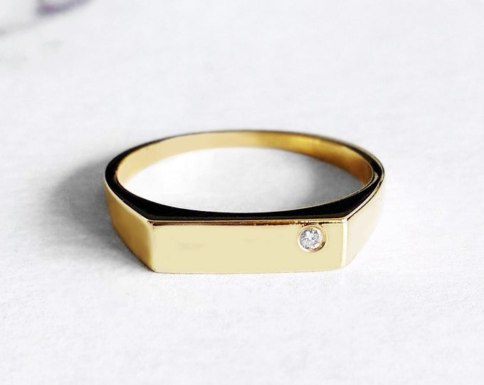 18K 14K 9K Rectangular Bar Signet Ring, Diamond Signet Ring, Solid Gold Signet Ring ...